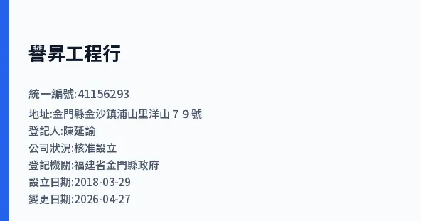譽昇工程行的照片-統編 41156293(金門縣) 公司登記資料與營業項目詳細圖表
