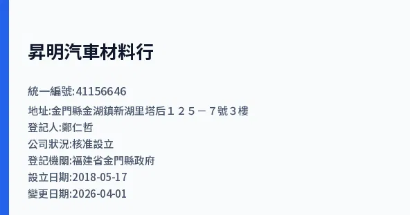 昇明汽車材料行的照片-統編 41156646(金門縣) 公司登記資料與營業項目詳細圖表