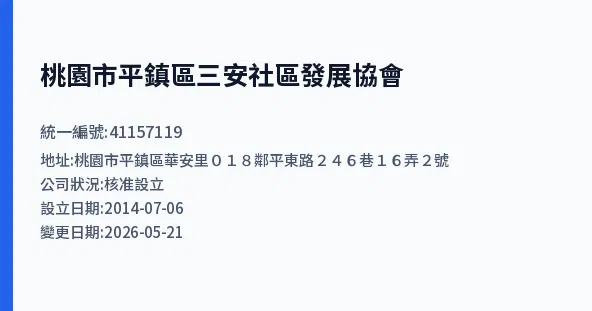 桃園市平鎮區三安社區發展協會的照片-統編 41157119(桃園市) 公司登記資料與營業項目詳細圖表