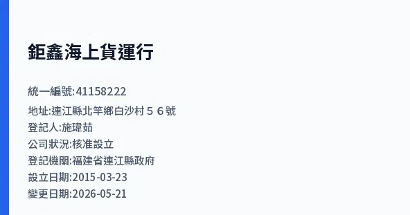鉅鑫海上貨運行的照片-統編 41158222(連江縣) 公司登記資料與營業項目詳細圖表
