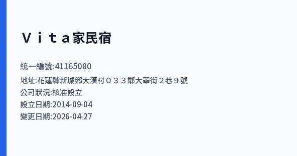Vita家民宿的照片-統編 41165080(花蓮縣) 公司登記資料與營業項目詳細圖表