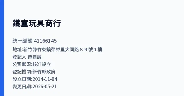 鐵童玩具商行的照片-統編 41166145(新竹縣) 公司登記資料與營業項目詳細圖表