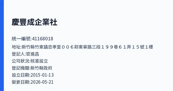 慶豐成企業社的照片-統編 41168018(新竹縣) 公司登記資料與營業項目詳細圖表