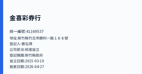 金喜彩券行的照片-統編 41169537(新竹縣) 公司登記資料與營業項目詳細圖表