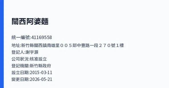 關西阿婆麵的照片-統編 41169558(新竹縣) 公司登記資料與營業項目詳細圖表