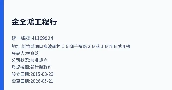 金全鴻工程行的照片-統編 41169924(新竹縣) 公司登記資料與營業項目詳細圖表