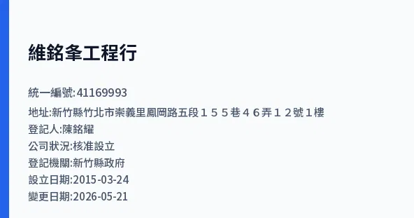 維銘夆工程行的照片-統編 41169993(新竹縣) 公司登記資料與營業項目詳細圖表