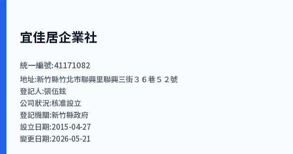宜佳居企業社的照片-統編 41171082(新竹縣) 公司登記資料與營業項目詳細圖表