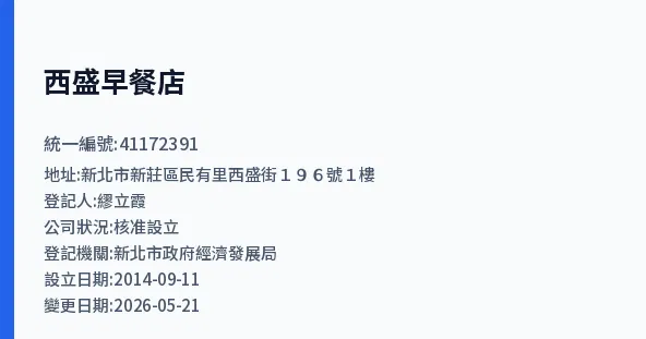 西盛早餐店的照片-統編 41172391(新北市) 公司登記資料與營業項目詳細圖表