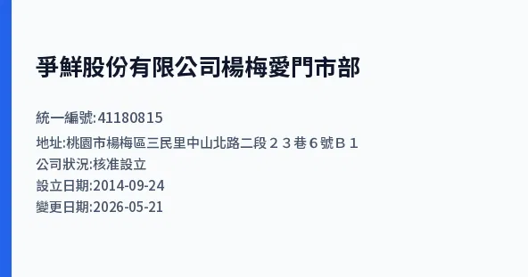 爭鮮股份有限公司楊梅愛門市部的照片-統編 41180815(桃園市) 公司登記資料與營業項目詳細圖表