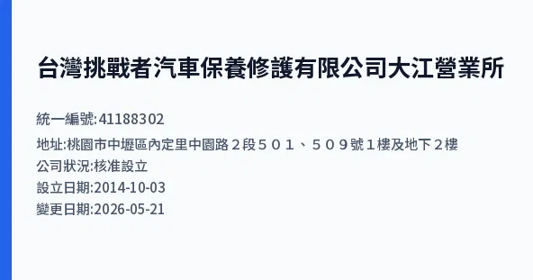 台灣挑戰者汽車保養修護有限公司大江營業所的照片-統編 41188302(桃園市) 公司登記資料與營業項目詳細圖表