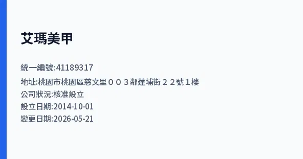 艾瑪美甲的照片-統編 41189317(桃園市) 公司登記資料與營業項目詳細圖表