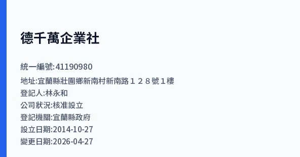 德千萬企業社的照片-統編 41190980(宜蘭縣) 公司登記資料與營業項目詳細圖表