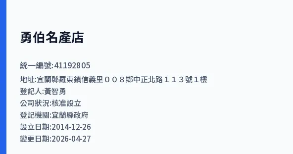 勇伯名產店的照片-統編 41192805(宜蘭縣) 公司登記資料與營業項目詳細圖表