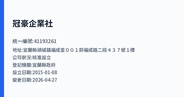 冠豪企業社的照片-統編 41193261(宜蘭縣) 公司登記資料與營業項目詳細圖表