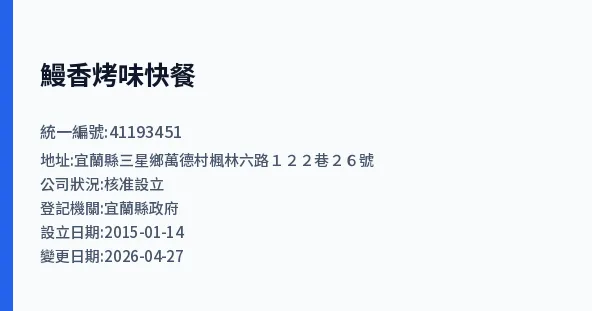 鰻香烤味快餐的照片-統編 41193451(宜蘭縣) 公司登記資料與營業項目詳細圖表