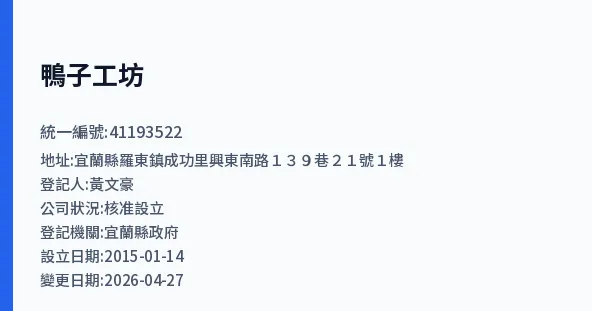 鴨子工坊的照片-統編 41193522(宜蘭縣) 公司登記資料與營業項目詳細圖表