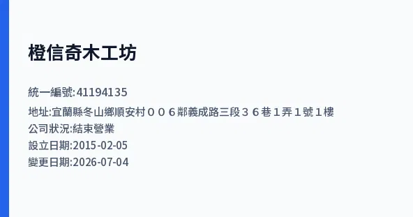 橙信奇木工坊的照片-統編 41194135(宜蘭縣) 公司登記資料與營業項目詳細圖表