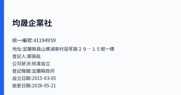 均晟企業社的照片-統編 41194959(宜蘭縣) 公司登記資料與營業項目詳細圖表