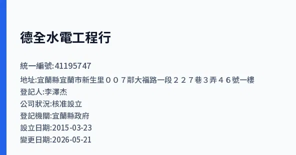 德全水電工程行的照片-統編 41195747(宜蘭縣) 公司登記資料與營業項目詳細圖表