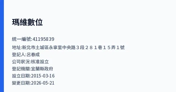 瑪維數位的照片-統編 41195839(新北市) 公司登記資料與營業項目詳細圖表