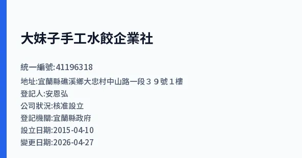 大妹子手工水餃企業社的照片-統編 41196318(宜蘭縣) 公司登記資料與營業項目詳細圖表