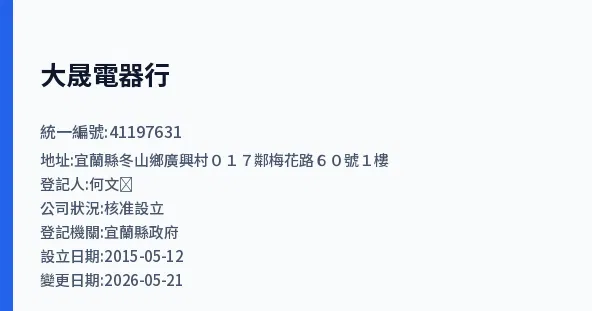 大晟電器行的照片-統編 41197631(宜蘭縣) 公司登記資料與營業項目詳細圖表
