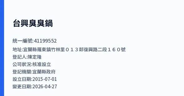 台興臭臭鍋的照片-統編 41199552(宜蘭縣) 公司登記資料與營業項目詳細圖表