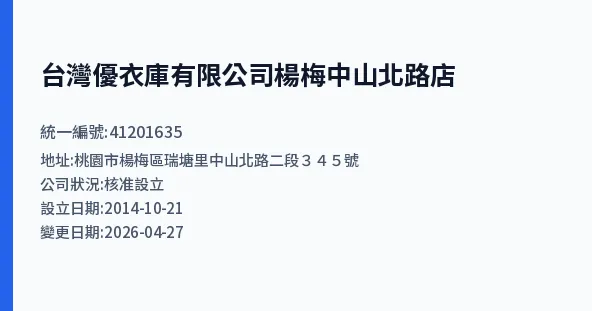 台灣優衣庫有限公司楊梅中山北路店的照片-統編 41201635(桃園市) 公司登記資料與營業項目詳細圖表