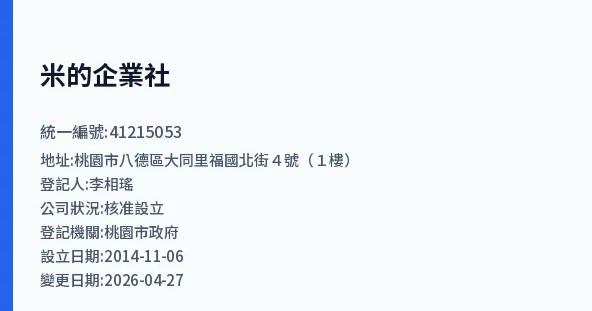 米的企業社的照片-統編 41215053(桃園市) 公司登記資料與營業項目詳細圖表