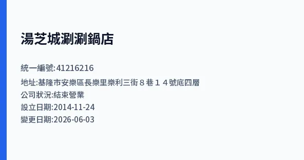 湯芝城涮涮鍋店的照片-統編 41216216(基隆市) 公司登記資料與營業項目詳細圖表