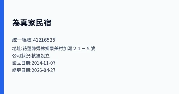 為真家民宿的照片-統編 41216525(花蓮縣) 公司登記資料與營業項目詳細圖表