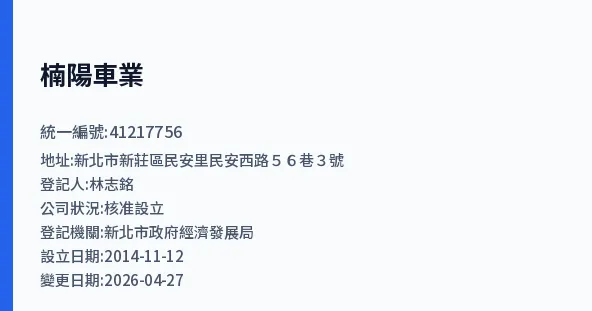 楠陽車業的照片-統編 41217756(新北市) 公司登記資料與營業項目詳細圖表