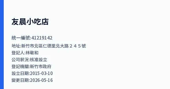 友晨小吃店的照片-統編 41219142(新竹市) 公司登記資料與營業項目詳細圖表