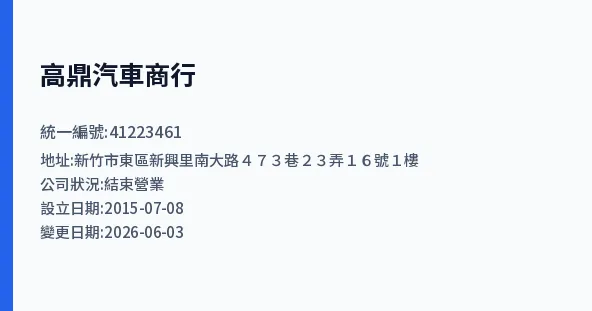 高鼎汽車商行的照片-統編 41223461(新竹市) 公司登記資料與營業項目詳細圖表