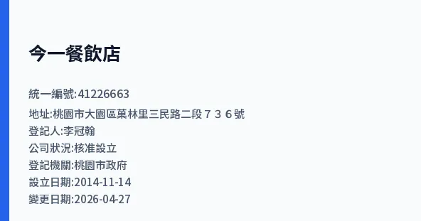今一餐飲店的照片-統編 41226663(桃園市) 公司登記資料與營業項目詳細圖表