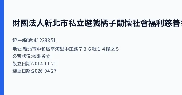 財團法人新北市私立遊戲橘子關懷社會福利慈善事業基金會的照片-統編 41228851(新北市) 公司登記資料與營業項目詳細圖表