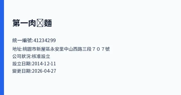 第一肉焿麵的照片-統編 41234299(桃園市) 公司登記資料與營業項目詳細圖表