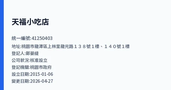 天福小吃店的照片-統編 41250403(桃園市) 公司登記資料與營業項目詳細圖表