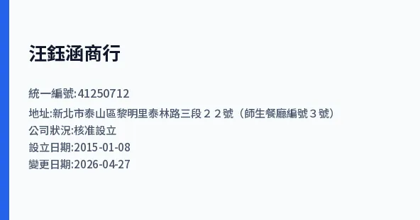 汪鈺涵商行的照片-統編 41250712(新北市) 公司登記資料與營業項目詳細圖表