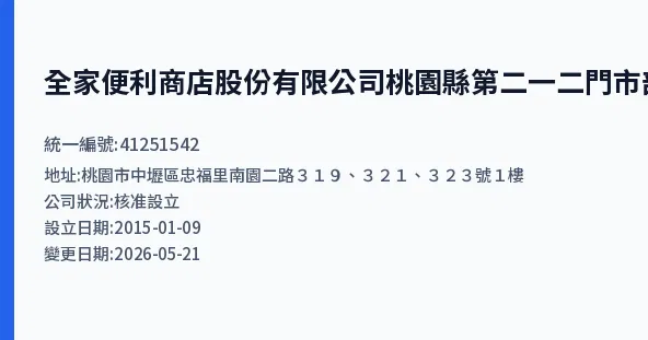 全家便利商店股份有限公司桃園縣第二一二門市部的照片-統編 41251542(桃園市) 公司登記資料與營業項目詳細圖表