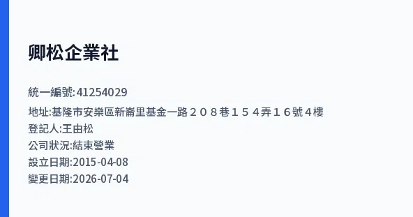 卿松企業社的照片-統編 41254029(基隆市) 公司登記資料與營業項目詳細圖表