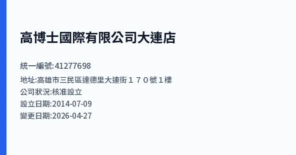 高博士國際有限公司大連店的照片-統編 41277698(高雄市) 公司登記資料與營業項目詳細圖表