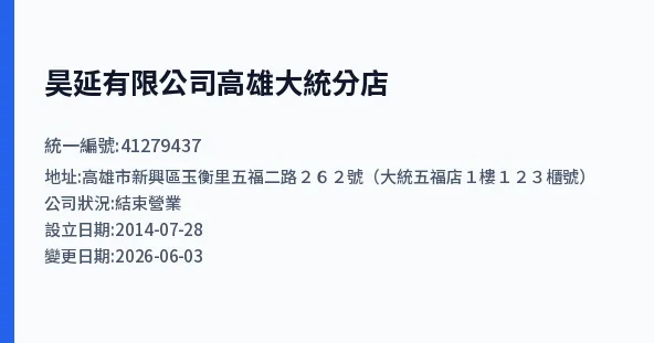 昊延有限公司高雄大統分店的照片-統編 41279437(高雄市) 公司登記資料與營業項目詳細圖表