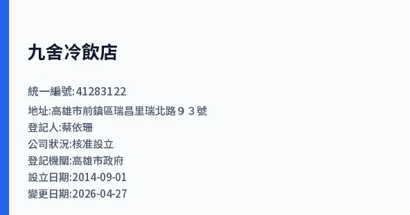 九舍冷飲店的照片-統編 41283122(高雄市) 公司登記資料與營業項目詳細圖表