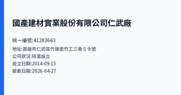 國產建材實業股份有限公司仁武廠的照片-統編 41283663(高雄市) 公司登記資料與營業項目詳細圖表