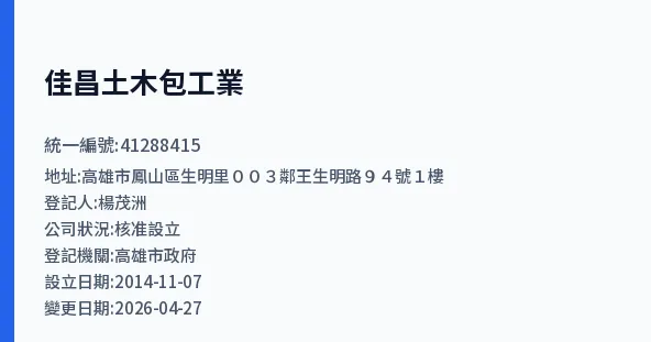 佳昌土木包工業的照片-統編 41288415(高雄市) 公司登記資料與營業項目詳細圖表
