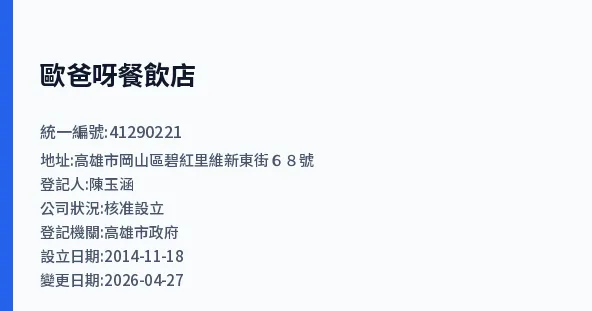 歐爸呀餐飲店的照片-統編 41290221(高雄市) 公司登記資料與營業項目詳細圖表