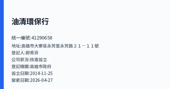 油清環保行的照片-統編 41290658(高雄市) 公司登記資料與營業項目詳細圖表