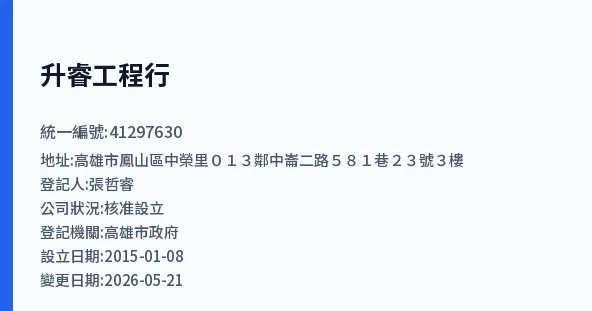 升睿工程行的照片-統編 41297630(高雄市) 公司登記資料與營業項目詳細圖表